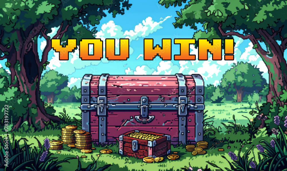 pixelated inscription "you win" against the background of a chest with ...