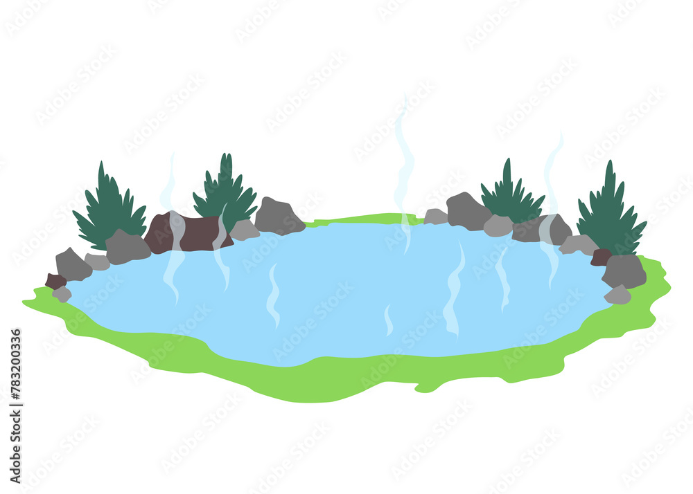 Japanese outdoor onsen pool with hot spring water illustration. Cartoon ...