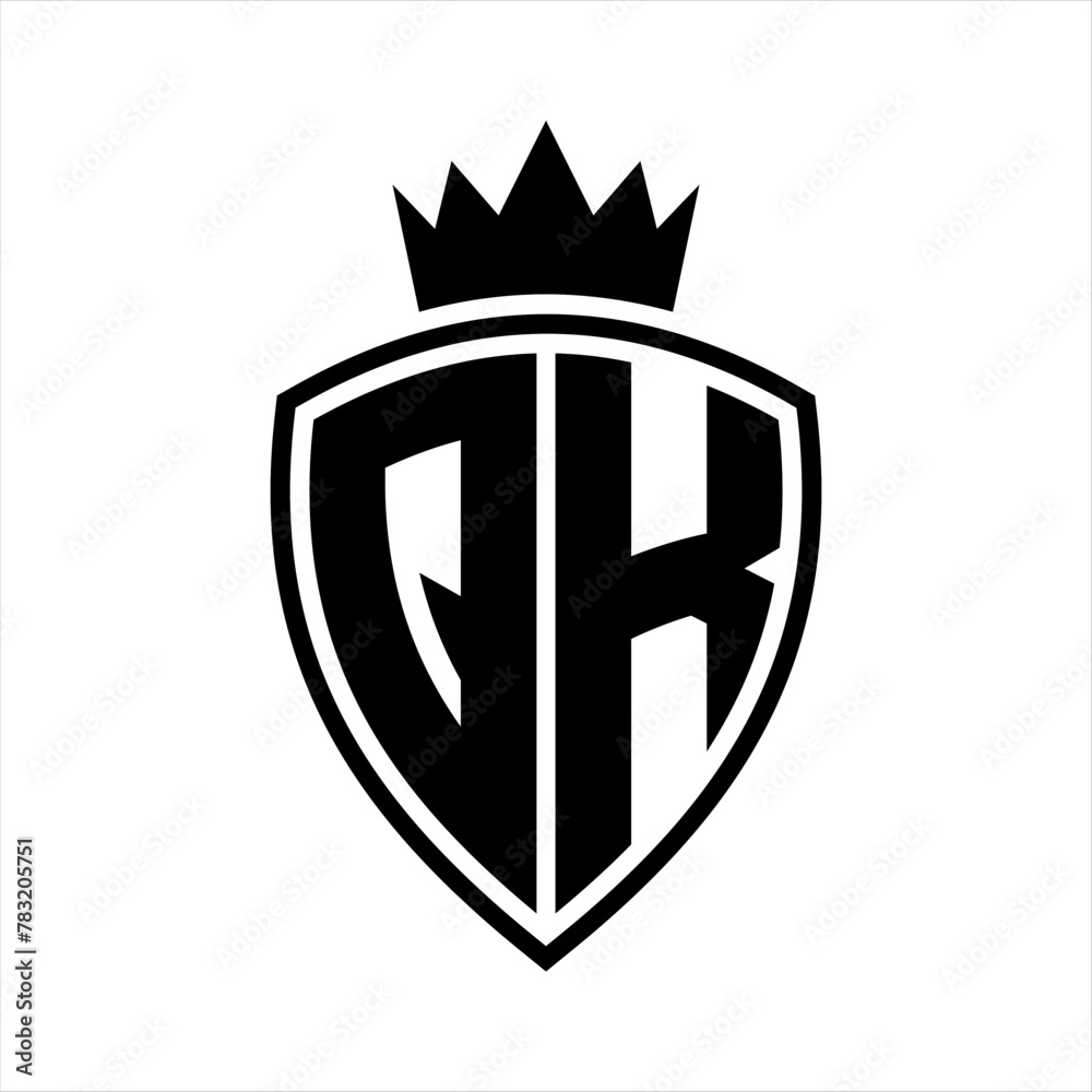 QK Letter monogram shield and crown outline shape with black and white ...