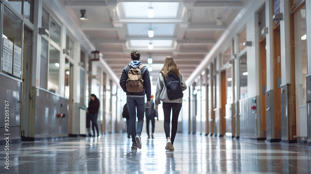 copy space, stockphoto, Hallway of a highschool with male and female ...