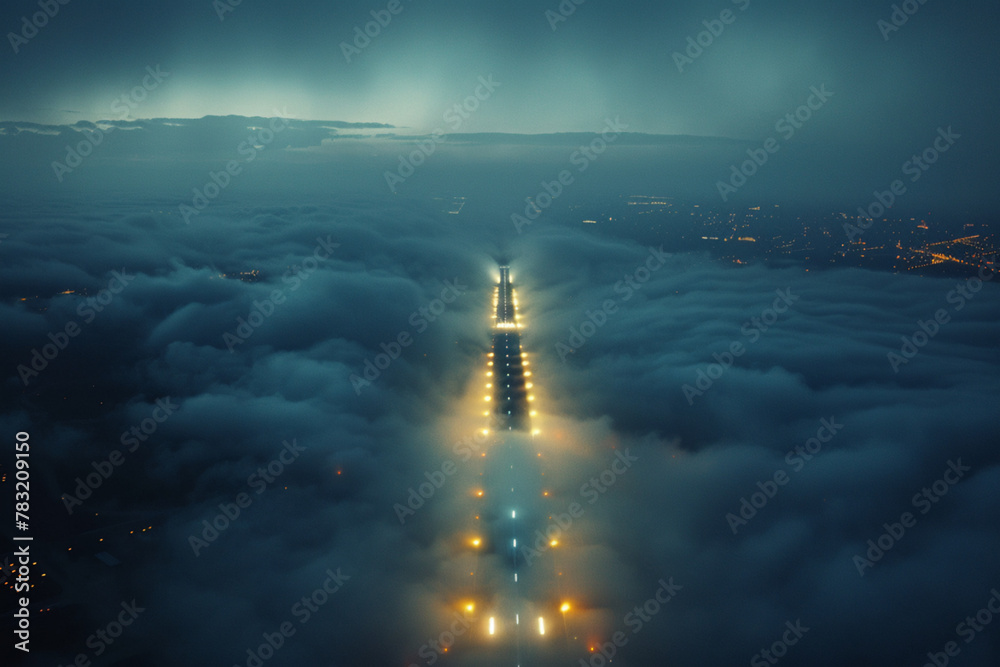 Generate a surreal aerial perspective of an airport runway shrouded in ...