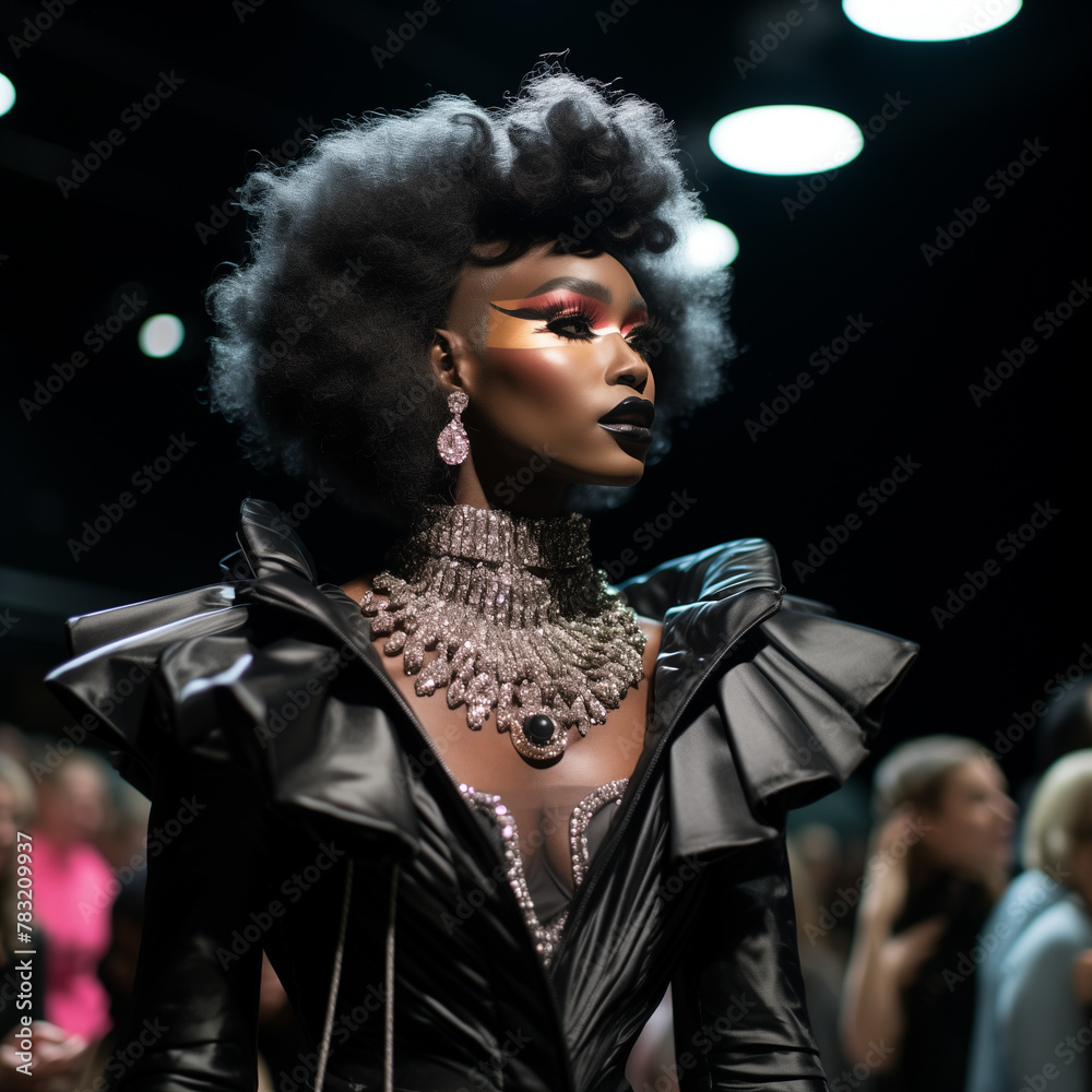 Black supermodel walks in an elegant leather jacket on the runway ...