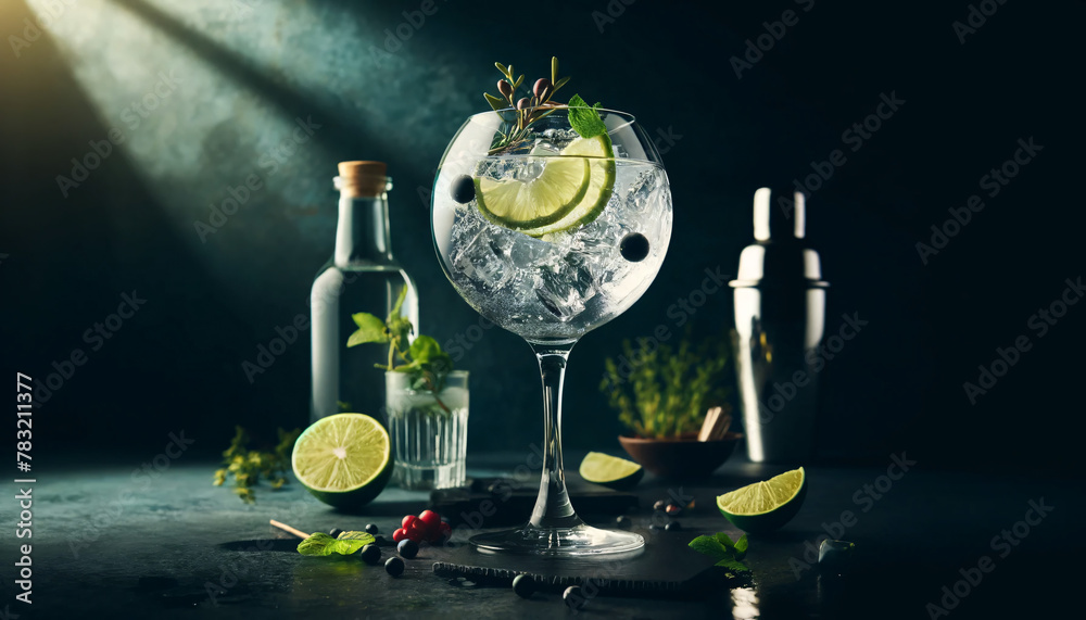 A crystal-clear gin and tonic in a large balloon glass, positioned on a ...