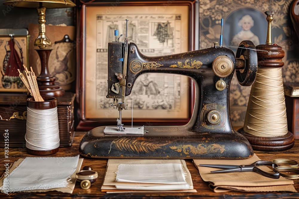 Tailor's retro workshop with an old sewing machine. The vintage sewing ...