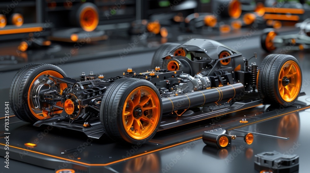 Cutaway view of Electric Vehicle Motor mounted on chassis. 3D rendering ...