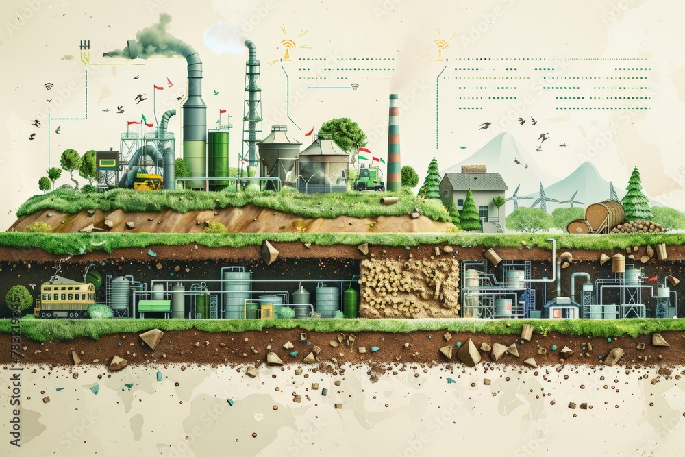 Vibrant cross-section illustration depicts a sustainable energy ...