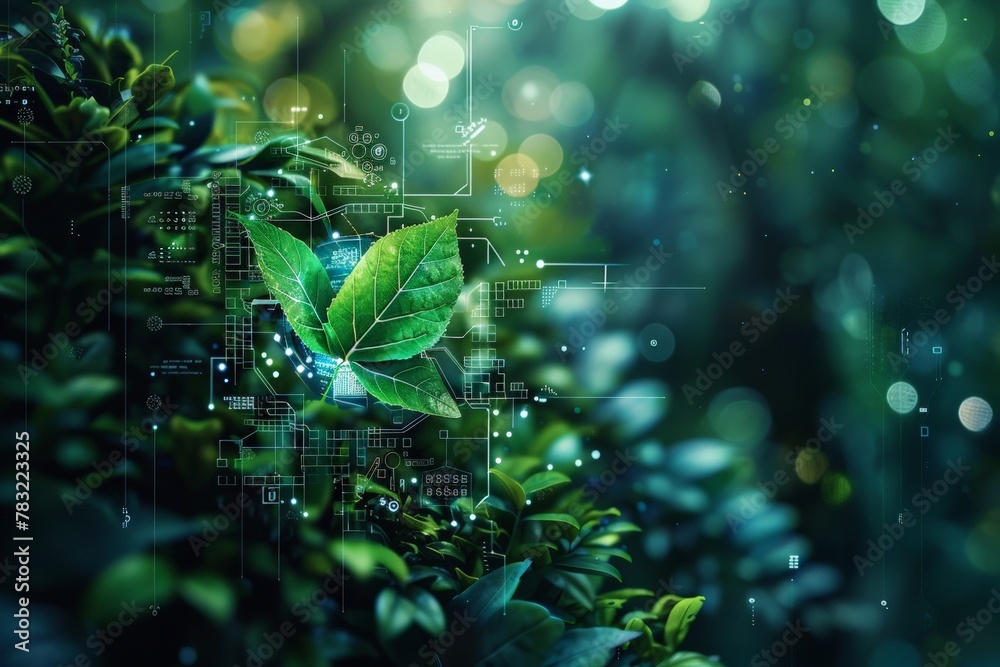 Showcases futuristic AI interfaces integrated within sustainable tech ...