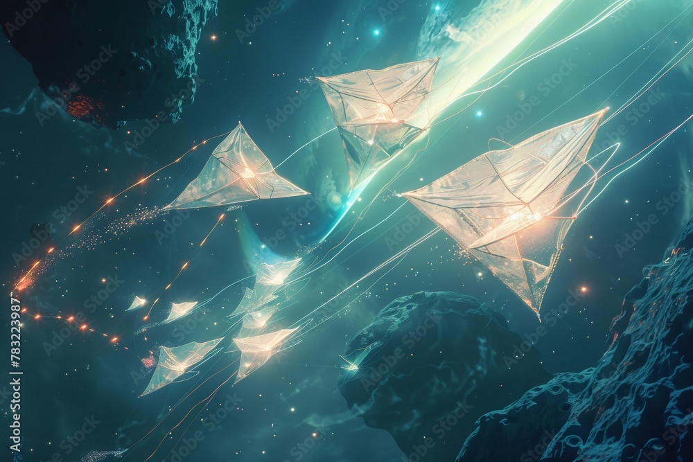 Futuristic anime kite flying in an asteroid belt, kites shaped like ...