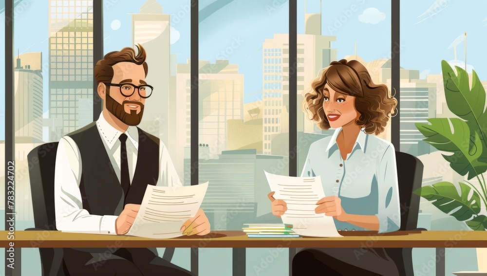 two office workers sitting at a table, reading documents and talking to ...