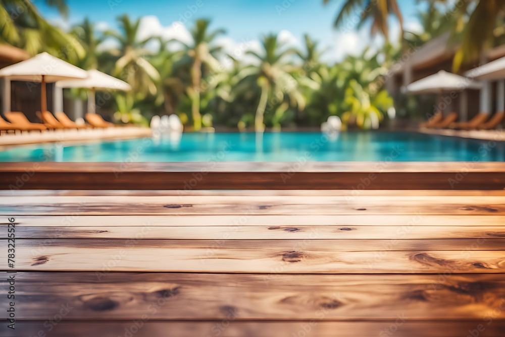 Wooden table pool bokeh background, empty wood desk product display ...