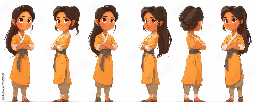 360-degree character rotation of a female character in a yellow karate ...