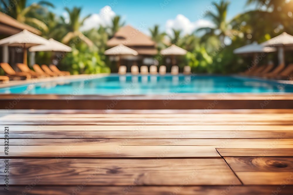Wooden table pool bokeh background, empty wood desk product display ...