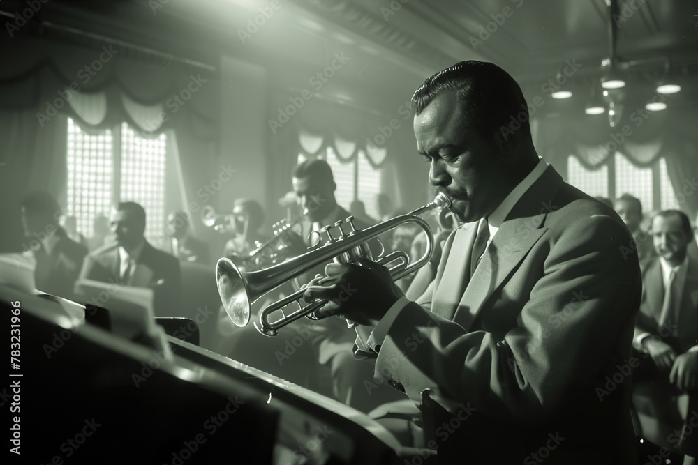 Snapshot of a 1920s jazz band performing live on stage, with musicians ...
