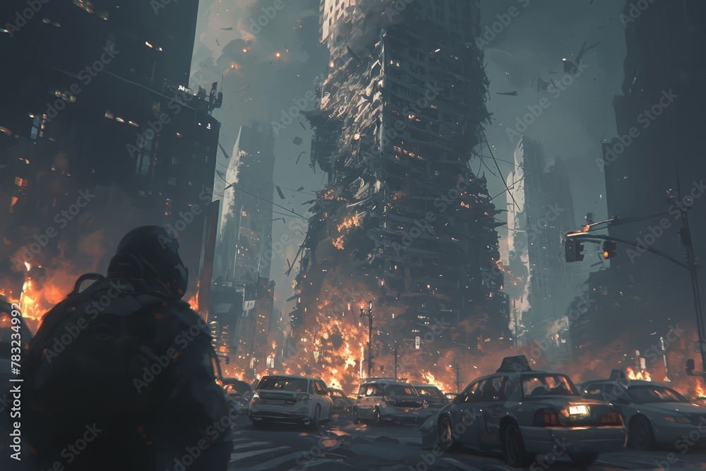 The street is burning, buildings on both sides of the road have ...