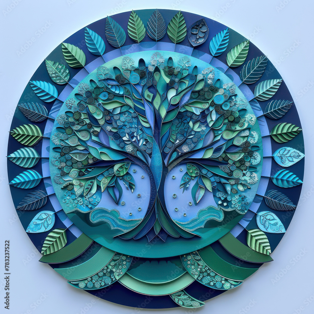 Circular Artwork With Green and Blue Colors Featuring a Tree Stock ...