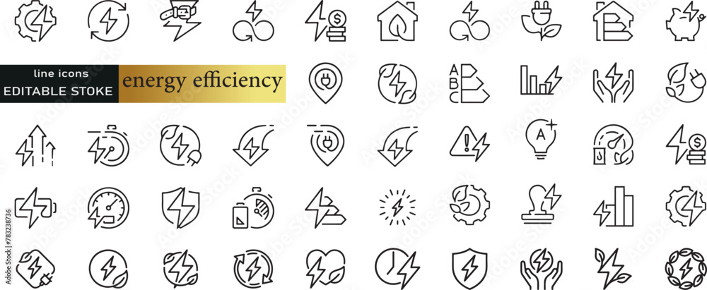 Line icons about energy efficiency and saving. Sustainable development ...