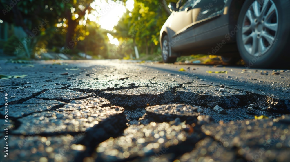 car wheels running and closed up Very bad quality street with potholes ...