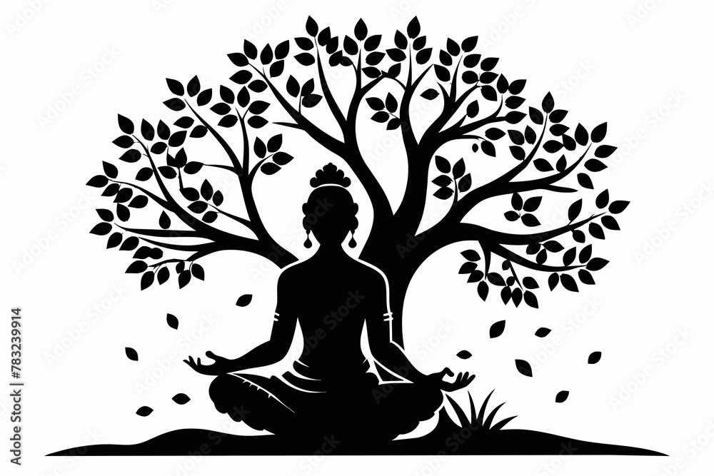 Hindu god Krishna sitting under a tall tree with flute black silhouette ...