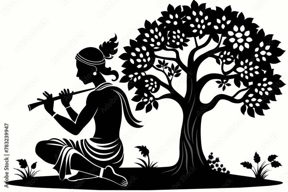 Hindu god Krishna sitting under a tall tree with flute black silhouette ...