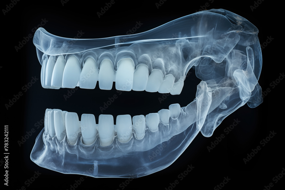 Dental office with panoramic x-ray a 3D scan model of patient jaw teeth ...