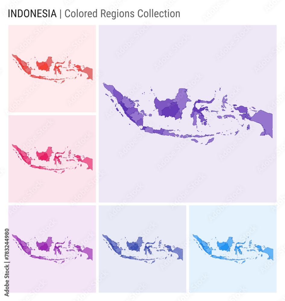 Indonesia map collection. Country shape with colored regions. Deep ...