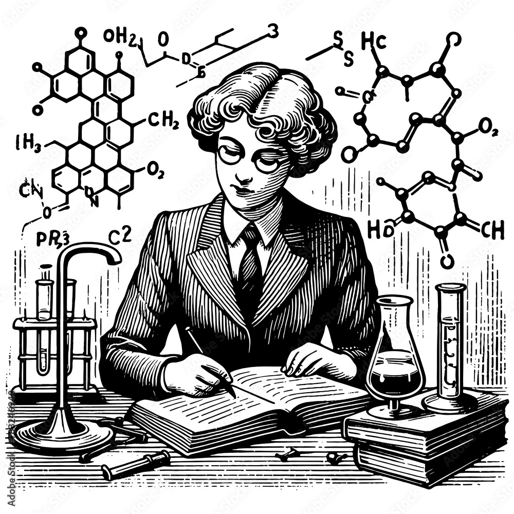 female scientist studying books with chemical diagrams and laboratory ...
