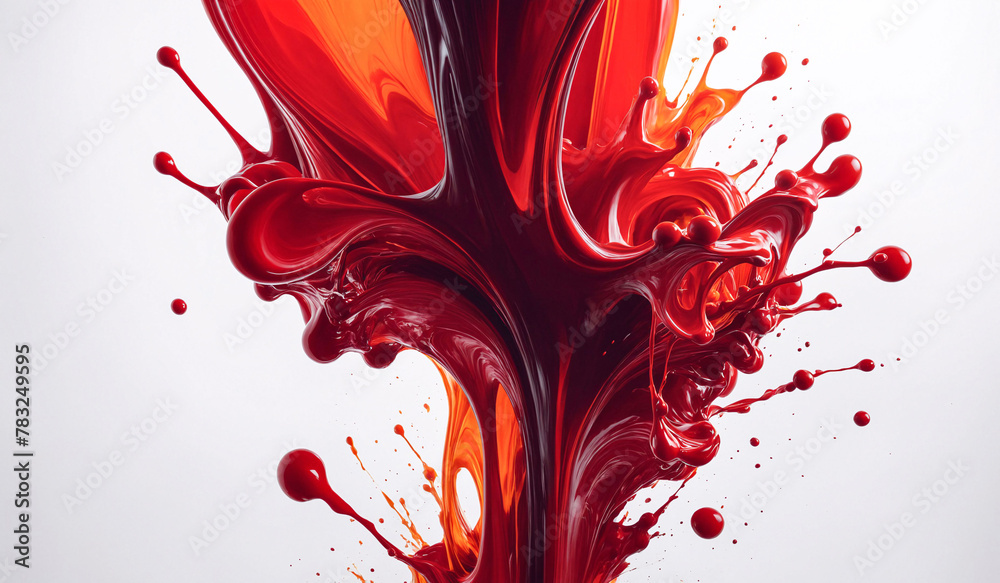 Beautiful abstraction of red liquid paints in slow blending flow mixing ...