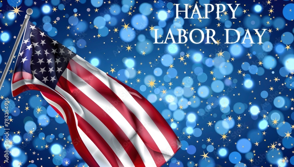 American flag on a blue bokeh lights background With the text HAPPY ...