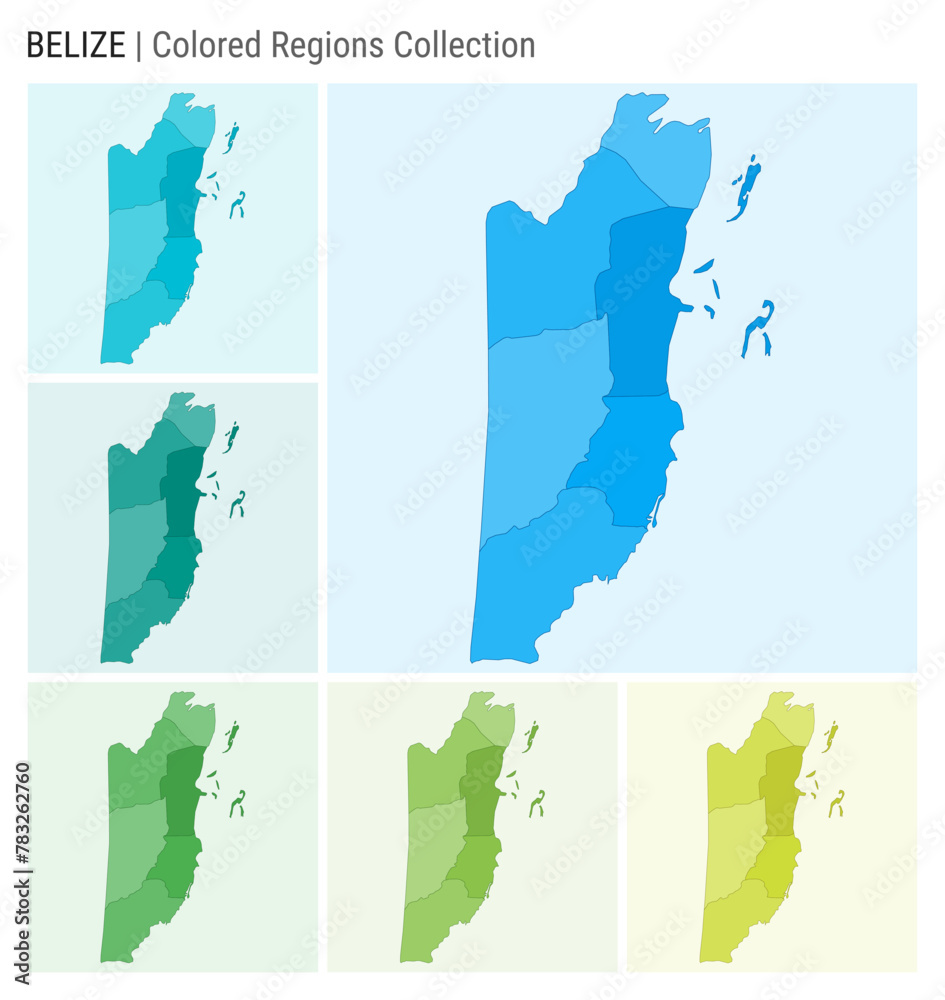 Belize map collection. Country shape with colored regions. Light Blue ...