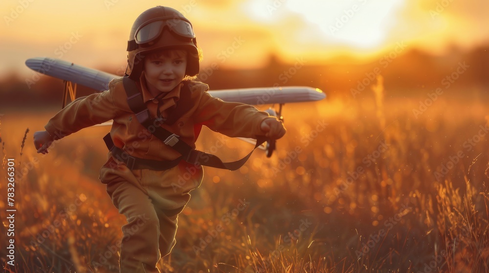 A young boy Airplane pilot wearing a firemans uniform is energetically ...