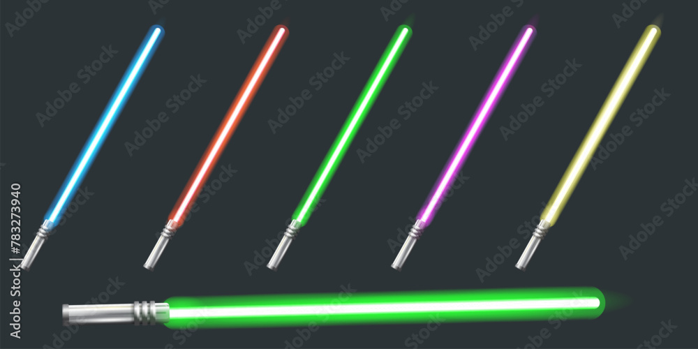 Blue, red, green, pink and yellow laser sword lightsaber set isolated ...