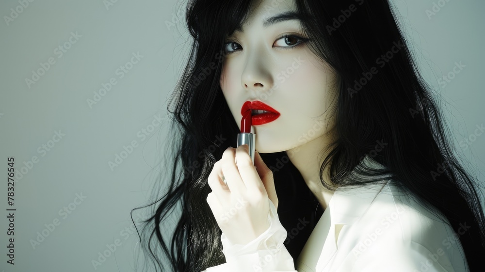 The picture of the red lips young beautiful asian woman looking at the ...