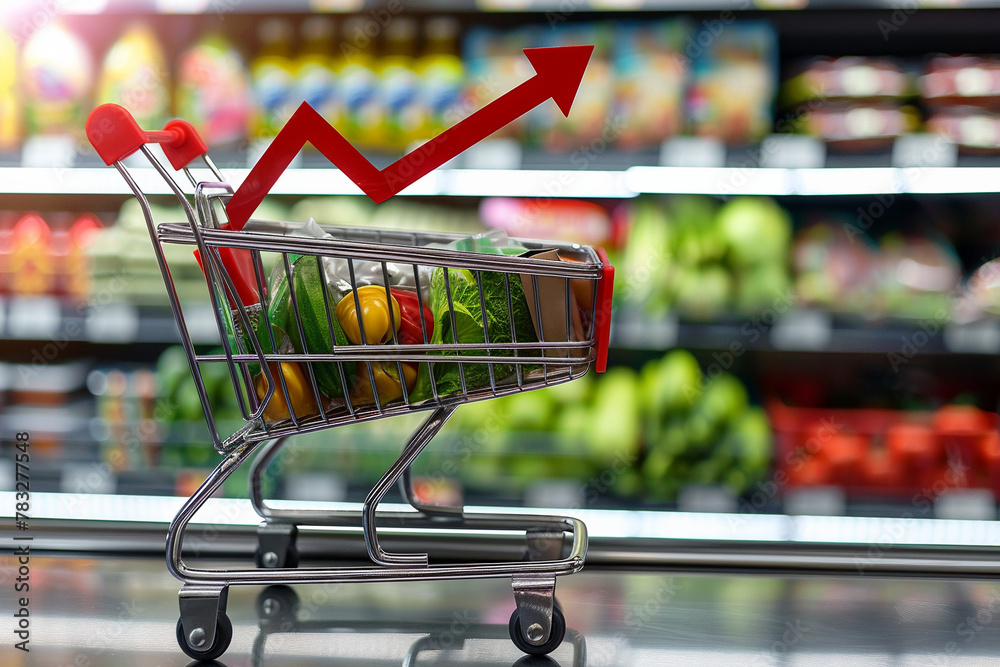 Grocery shopping cart with vegetables and fruits on grocery store ...