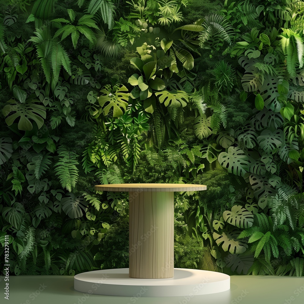 Lush greenery surrounds circular podiums in this vibrant display, perfect for eco-friendly ...