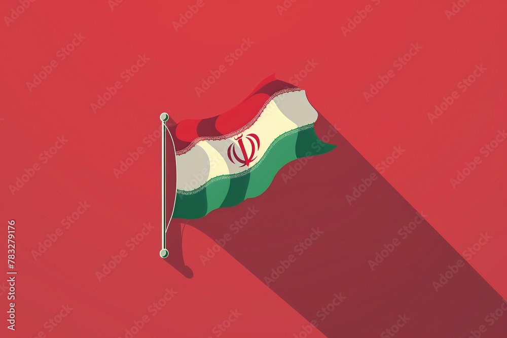 The Iranian flag is artfully depicted on a red background, emanating ...