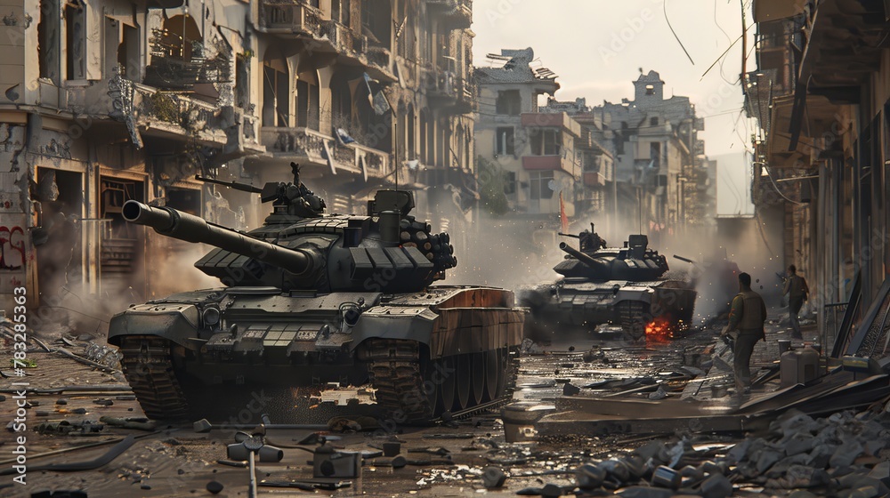 Two military tanks are positioned in the middle of a street, showcasing ...