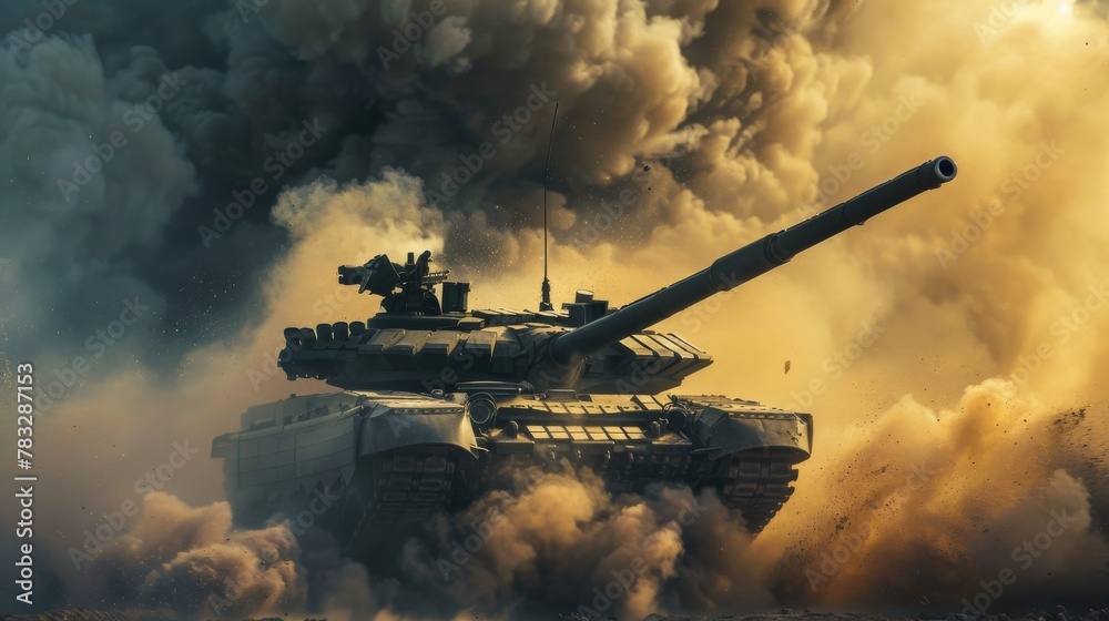 A tank releasing billows of smoke into the air amidst the chaos of a ...