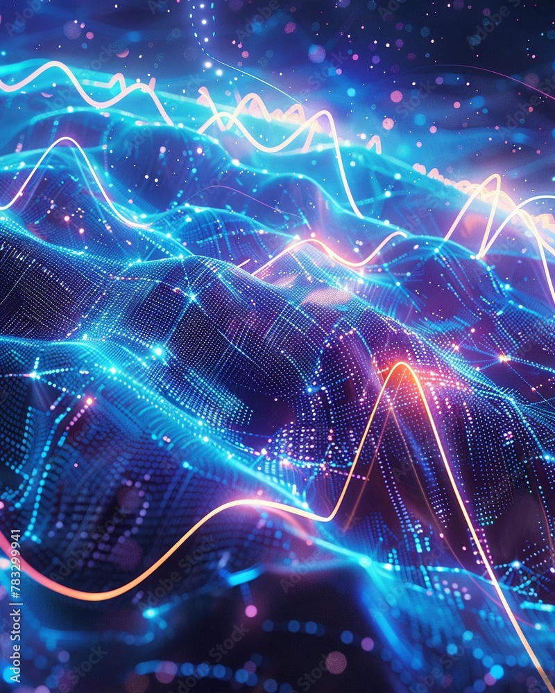 Abstract 3D render, geometric shapes dissolving into particles, neon ...