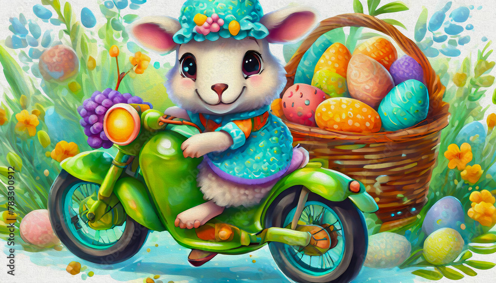 oil painting style CARTOON CHARACTER CUTE baby sheep ride Stylish green ...