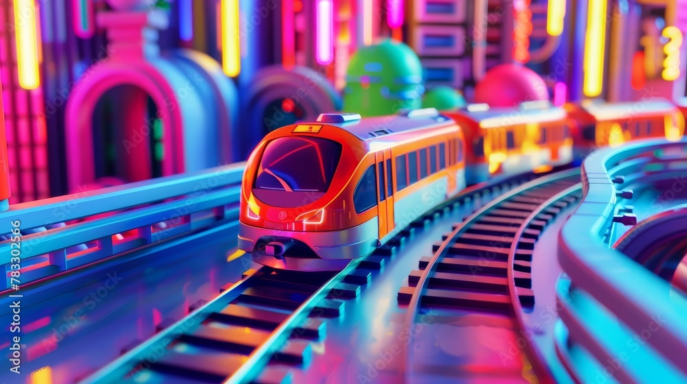 Funky toy trains and tracks in a futuristic setting d style isolated ...