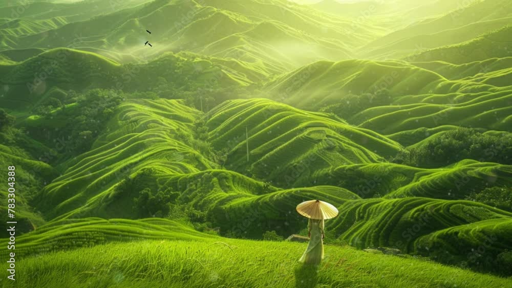 Vidéo Stock The undulating green fields of China, with the sunlight ...