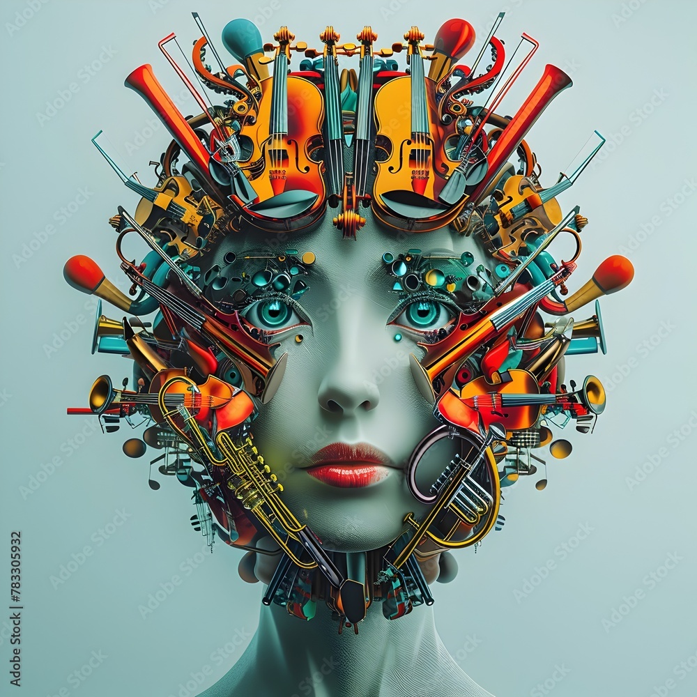 Surreal Musical Instrument Amalgamation Forming a Woman's Face with ...