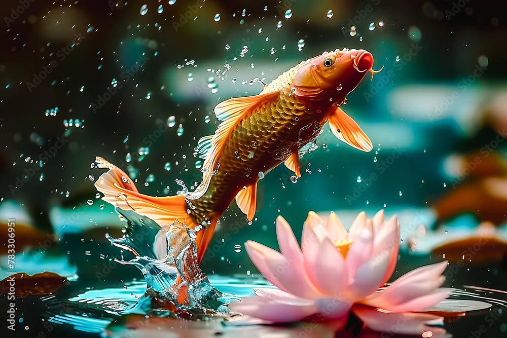 Poisson rouge sautant hors de l'eau à coté d'un nénuphar Stock Photo ...