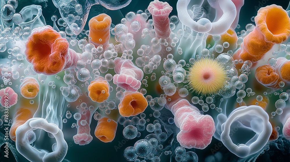 Microbial Community: Under the lens of a powerful microscope, a diverse ...