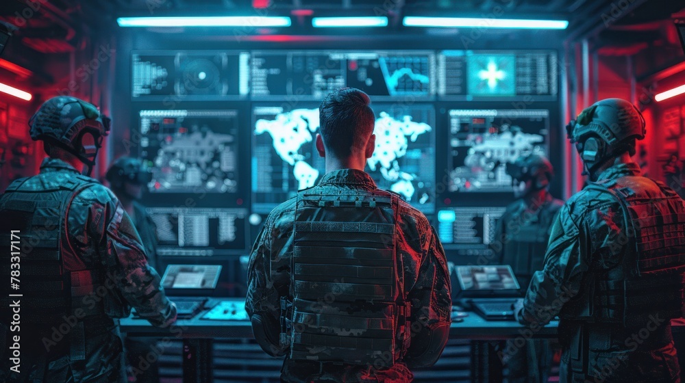 Army war analysis officers monitor the coordination of military teams ...