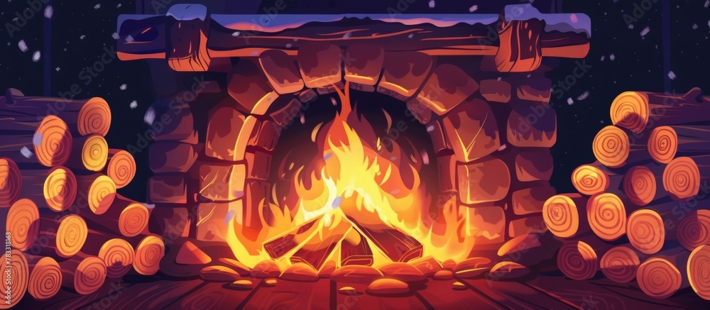 Fire depicted in an animated style within a fireplace setting, enclosed ...