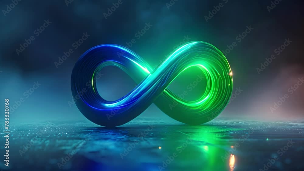 Infinity symbol neon lights glowing, appears of multiple glowing lines ...