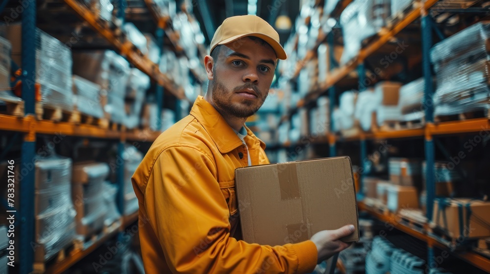 A young man carrying cardboard wrappers works in a warehouse among ...