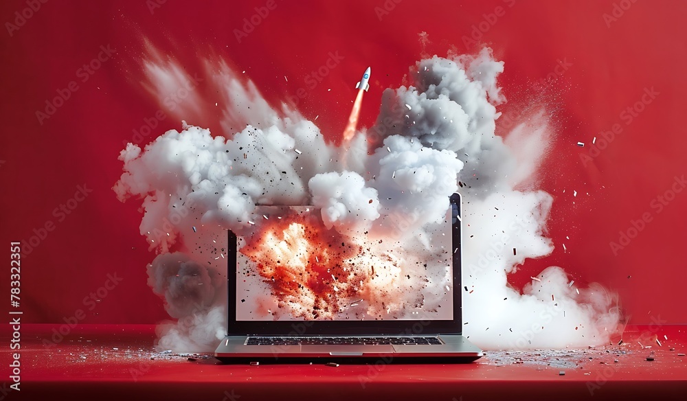 Explosion, laptop and startup fail in disaster, destruction and cyber ...