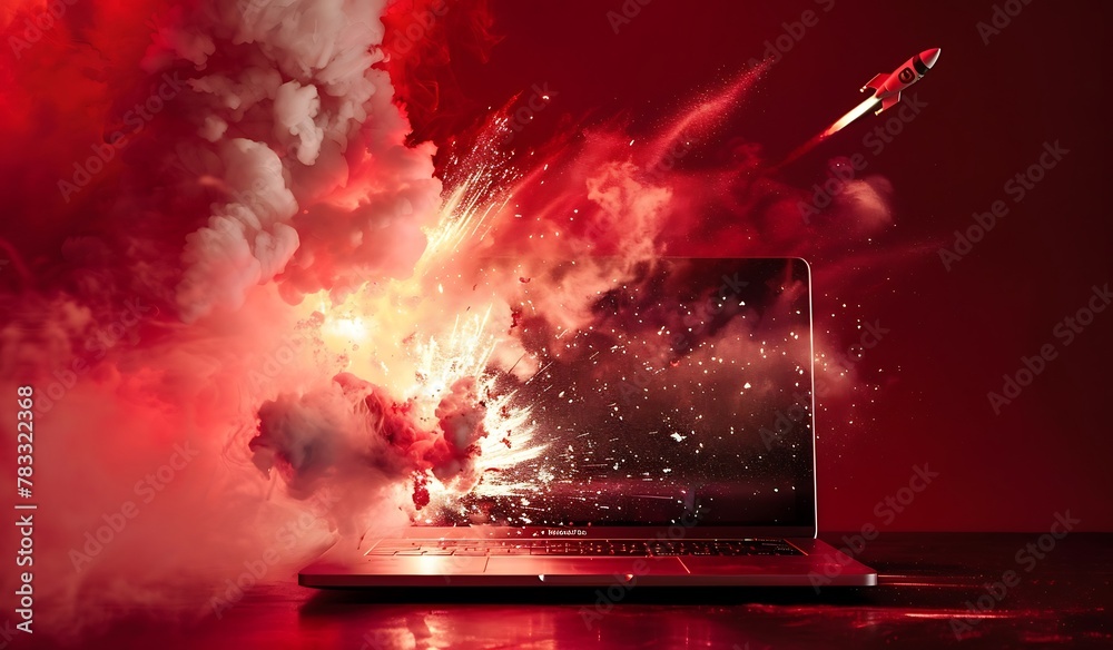 Explosion, laptop and startup fail in disaster, destruction and cyber ...